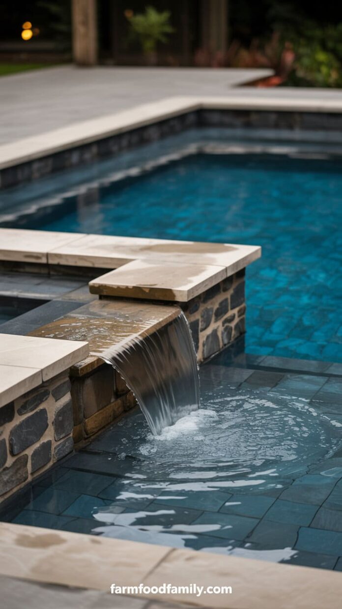 25+ Stunning Rectangle Pool with Spa and Sun Shelf Ideas - FarmFoodFamily
