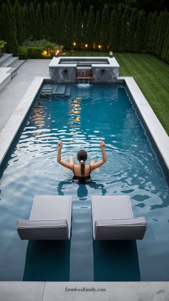 25+ Stunning Rectangle Pool with Spa and Sun Shelf Ideas - FarmFoodFamily
