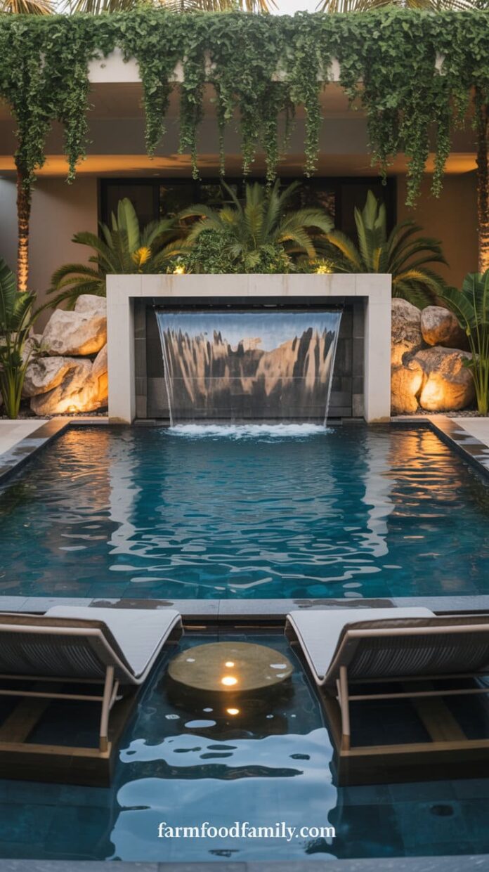 25+ Stunning Rectangle Pool with Spa and Sun Shelf Ideas - FarmFoodFamily